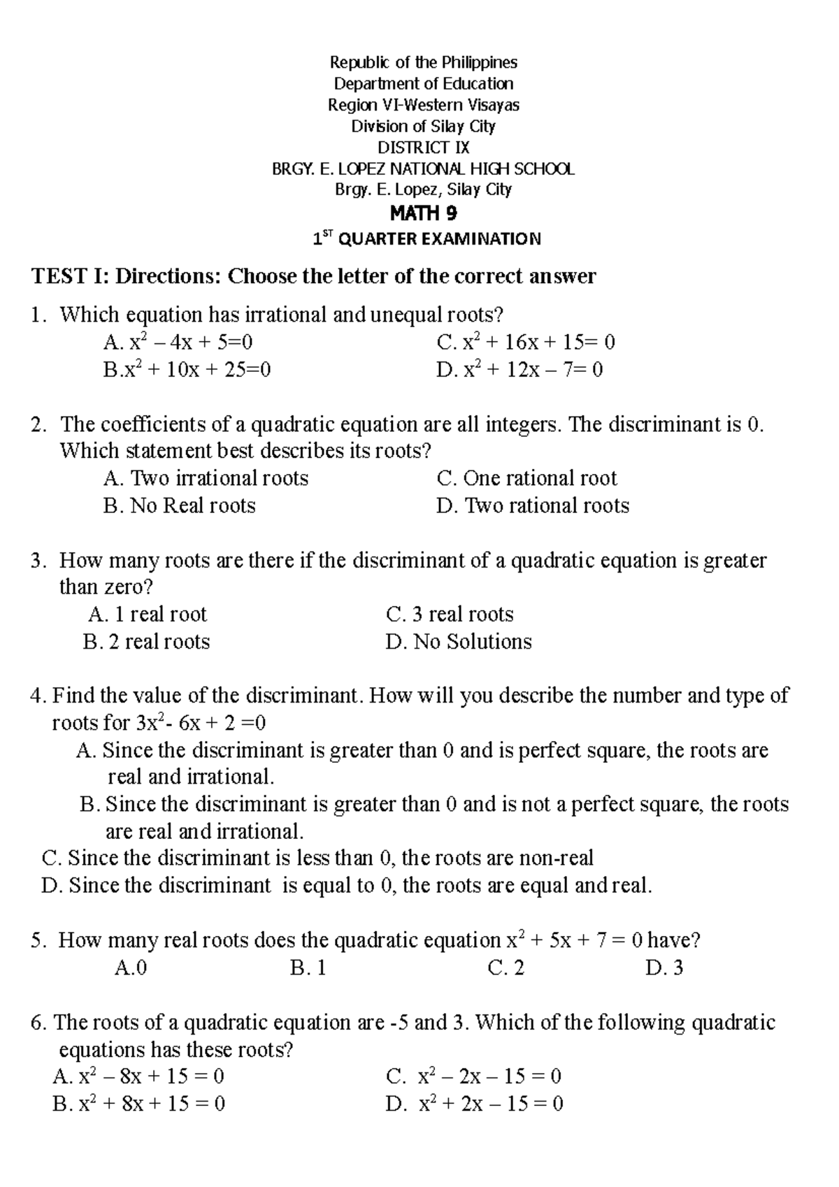 1st quarter exam - Republic of the Philippines Department of Education ...