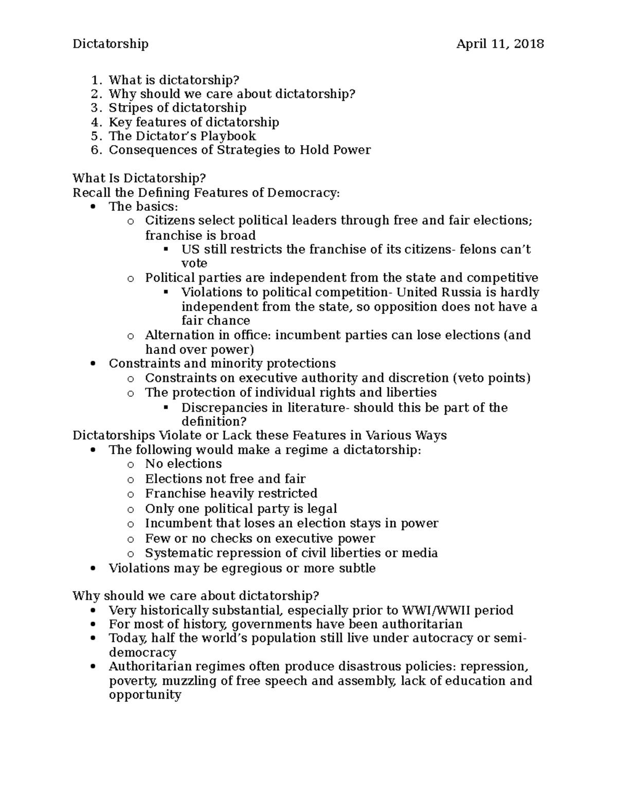 Dictatorship- Lecture 5 - Dictatorship 1. 2. 3. 4. 5. 6. April 11, 2018 ...