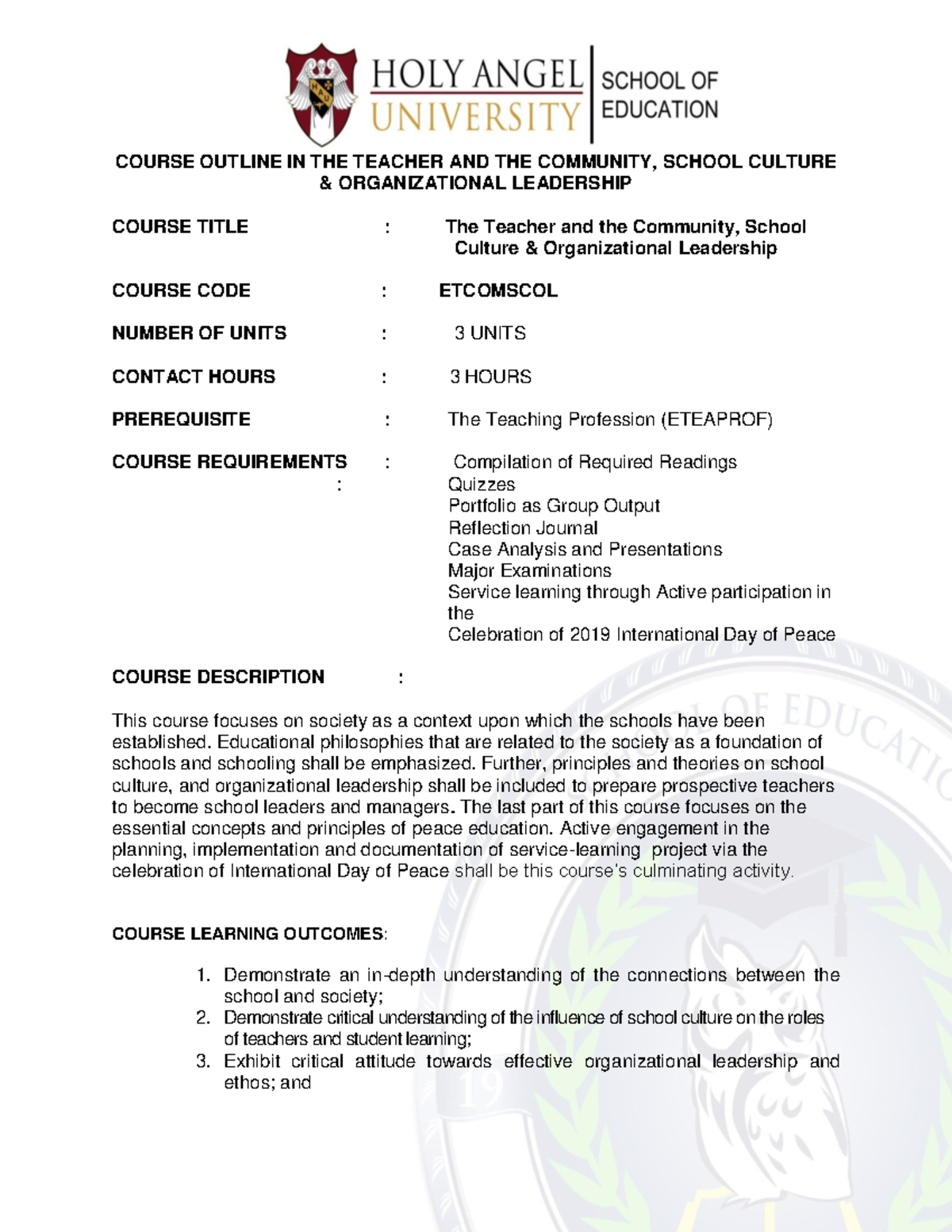 Profed - syllabus - COURSE OUTLINE IN THE TEACHER AND THE COMMUNITY ...