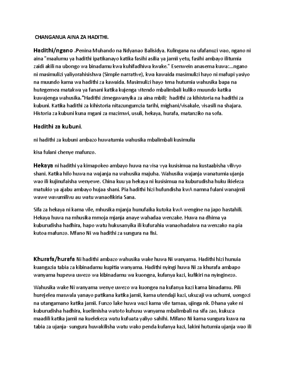 AINA ZA Hadithi - CHANGANUA AINA ZA HADITHI. Hadithi/ngano .Penina ...