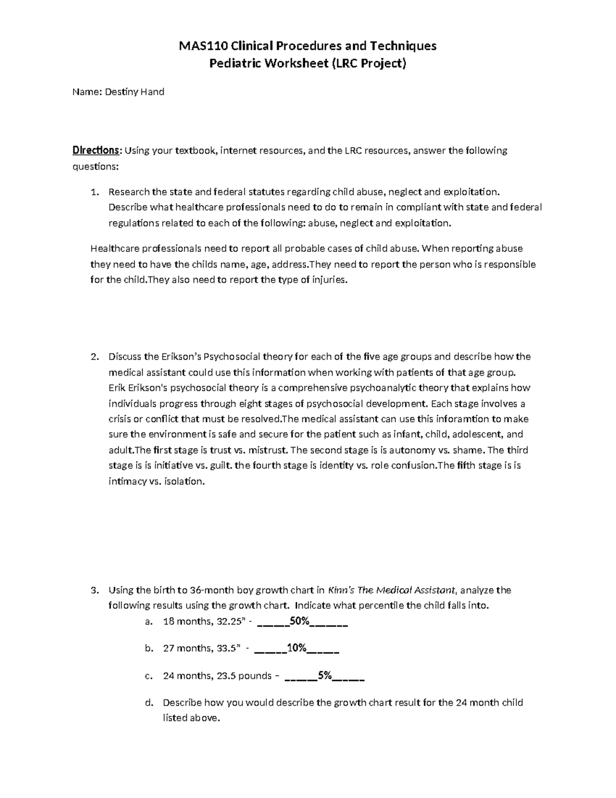 MAS110 Week 5 Pediatric Worksheet - MAS110 Clinical Procedures and ...