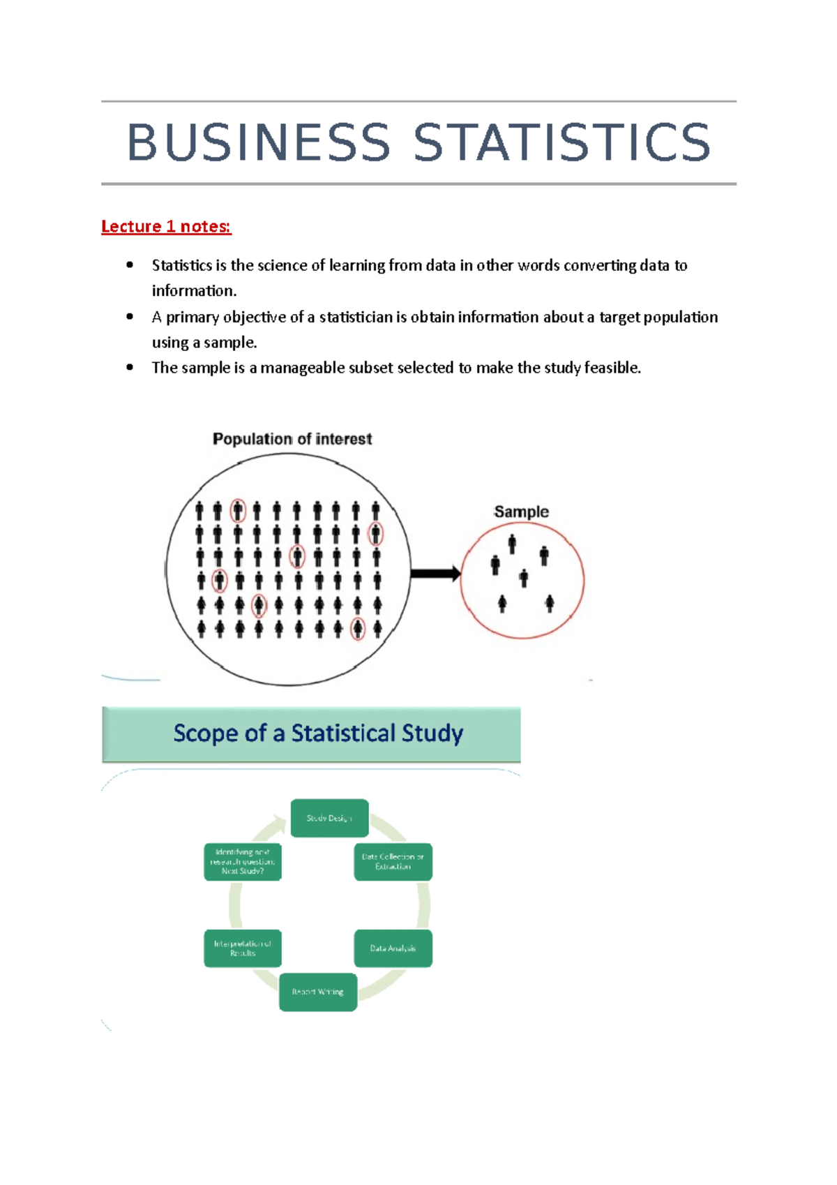 Stat1250 notes - BUSINESS STATISTICS Lecture 1 notes: Statistics is the ...