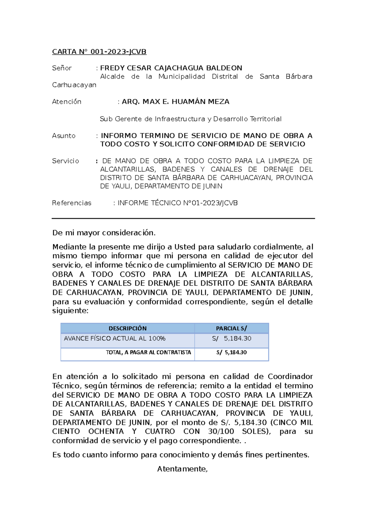 Informe JUAN - Carhucayan ultimo - CARTA N° 001-2023-JCVB Señor : FREDY ...