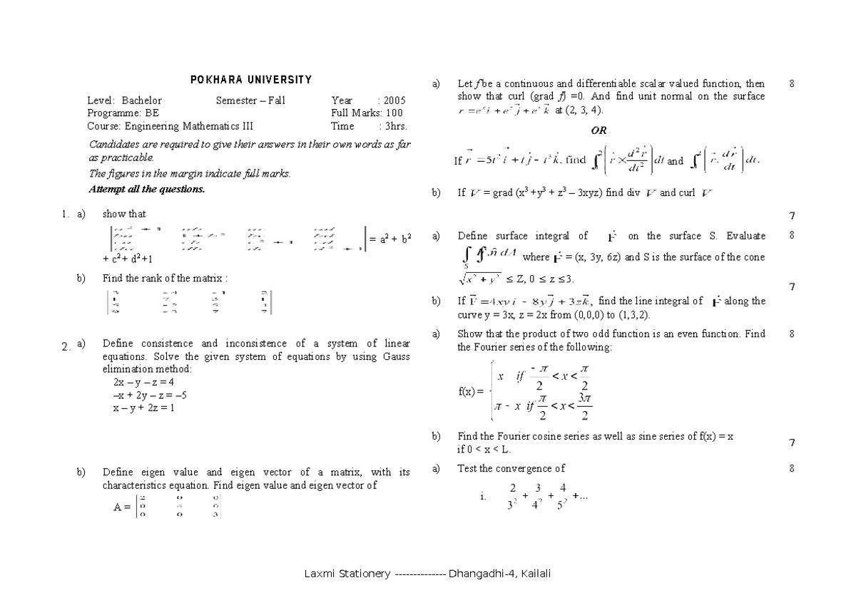 Engineering Mathematics III fall 2005 - POKHARA UNIVERSITY Level ...