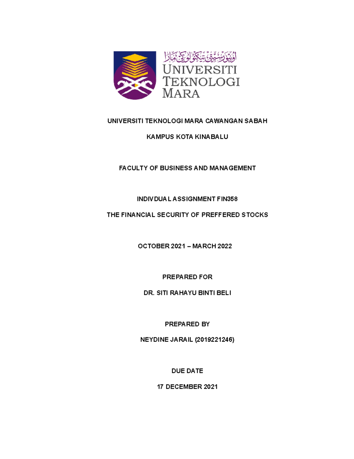 Individual Assignment FIN358 - Neydine Jarail 2019 221246 FIN358 G8 ...