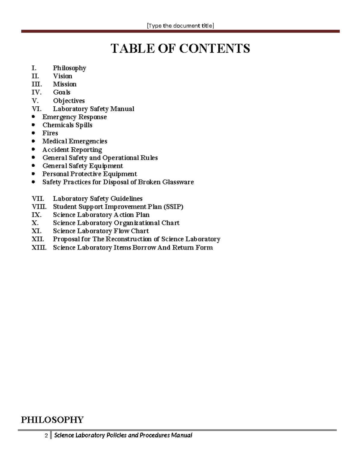 Science Laboratory Policies and Procedures Manual - TABLE OF CONTENTS I ...