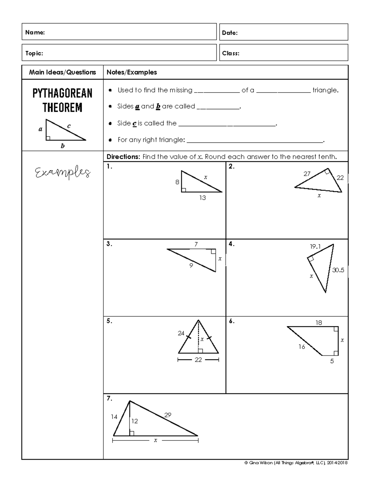 Pythagorean Theorem + Converse - Main Ideas/Questions Notes/Examples ...