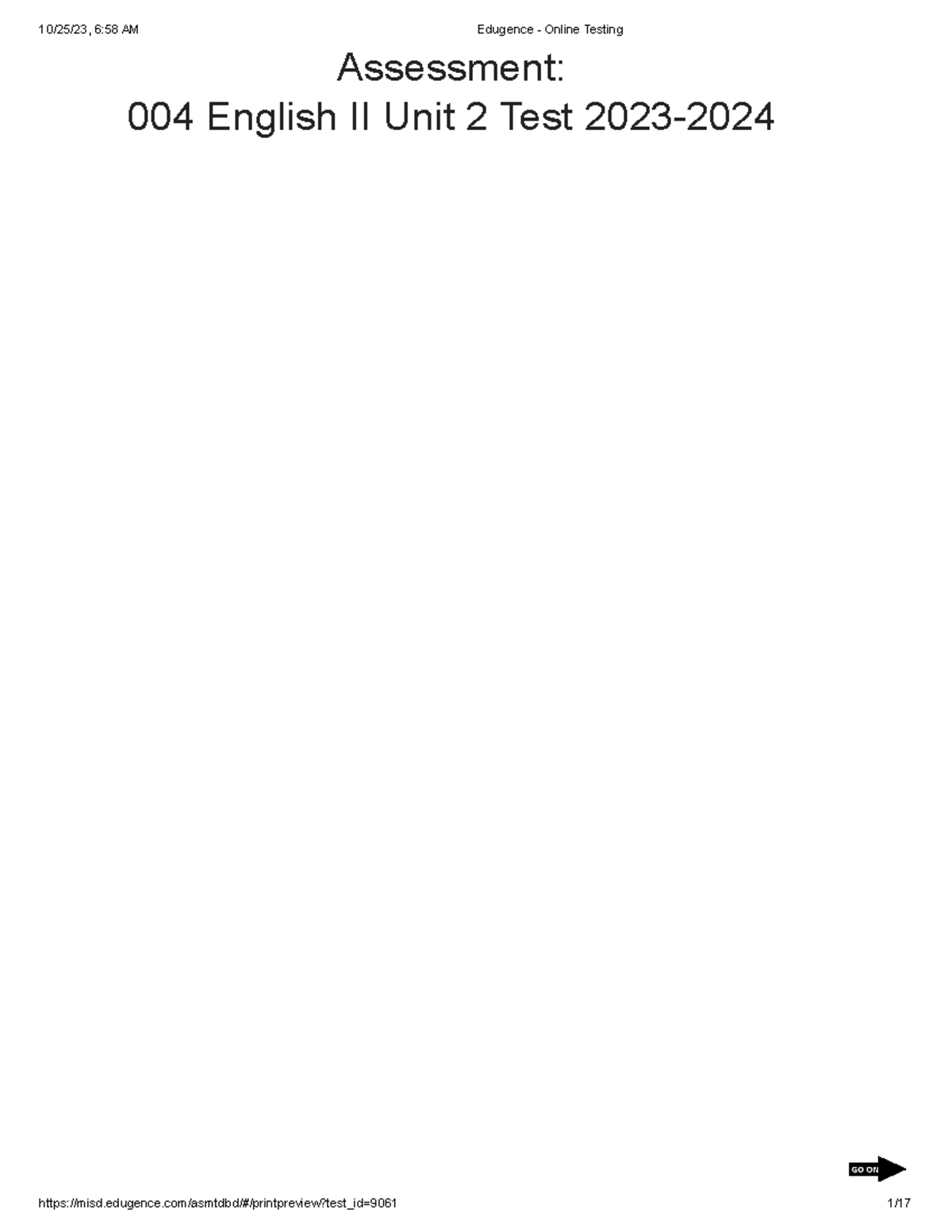 Unit #2 Test - ELA - Assessment: 004 English II Unit 2 Test 2023- Evan ...