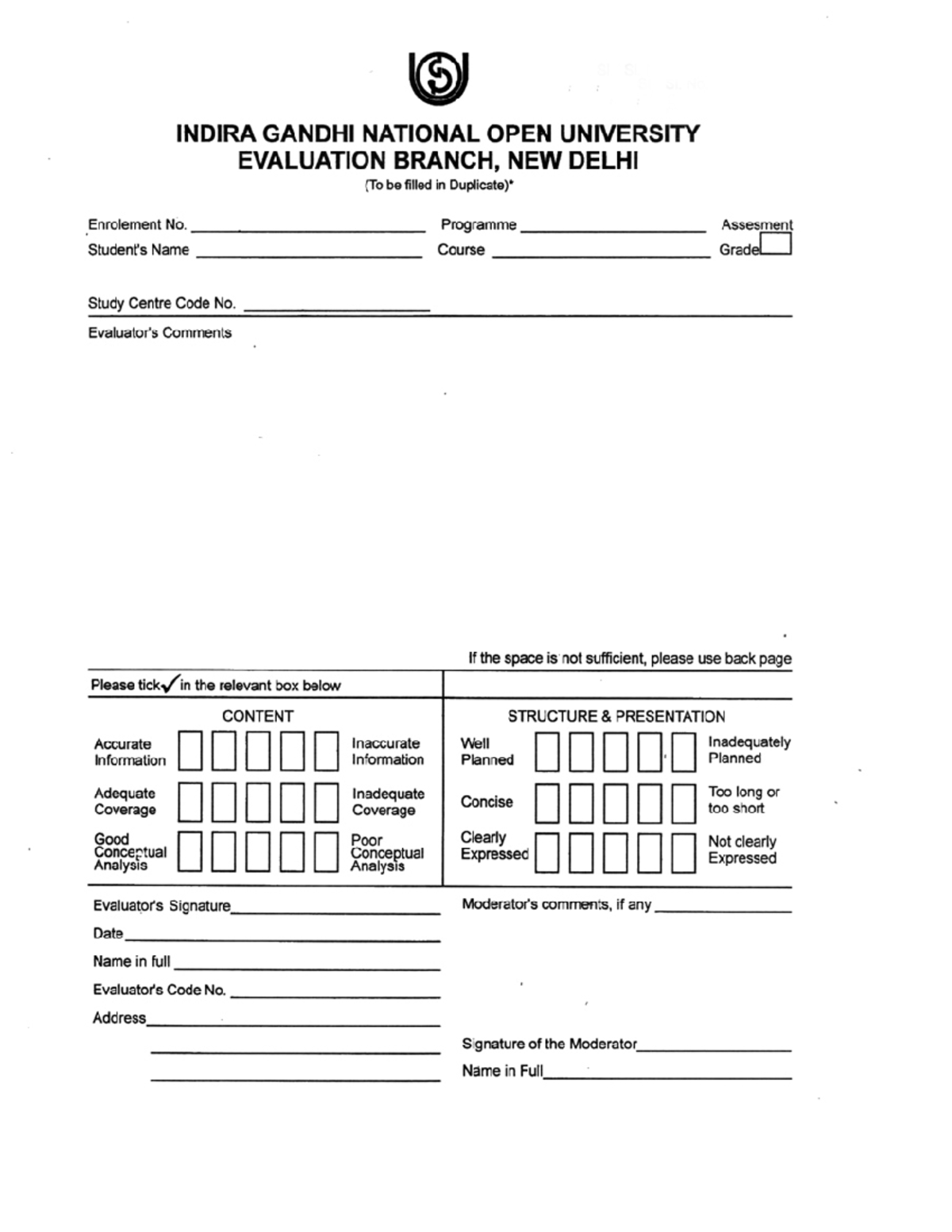 Ignou Evaluation Sheet - computer science - Studocu