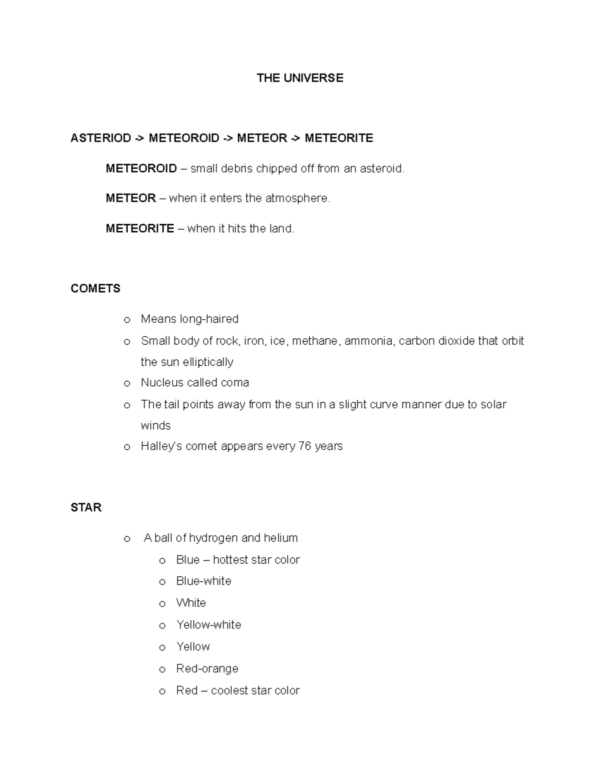 The Universe - Lecture notes 1 - THE UNIVERSE ASTERIOD -> METEOROID ...