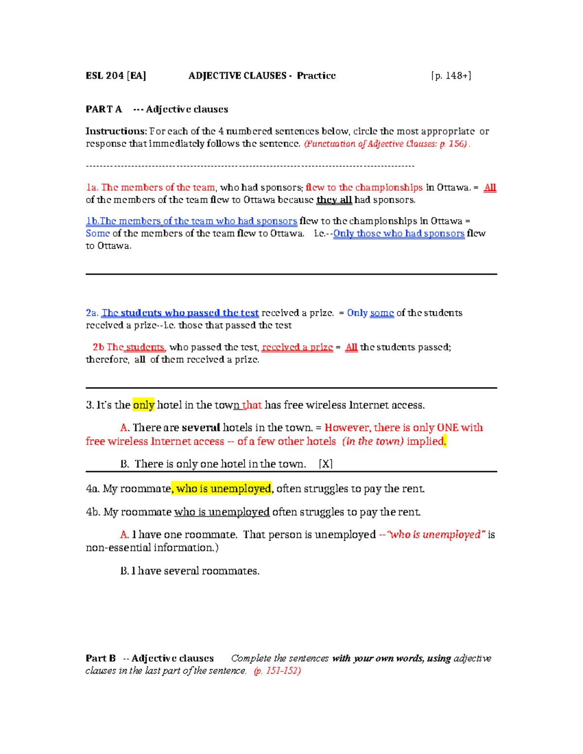 Adjective Clauses- Practice - Answers doc (2) (2) - ESL 204 [EA ...
