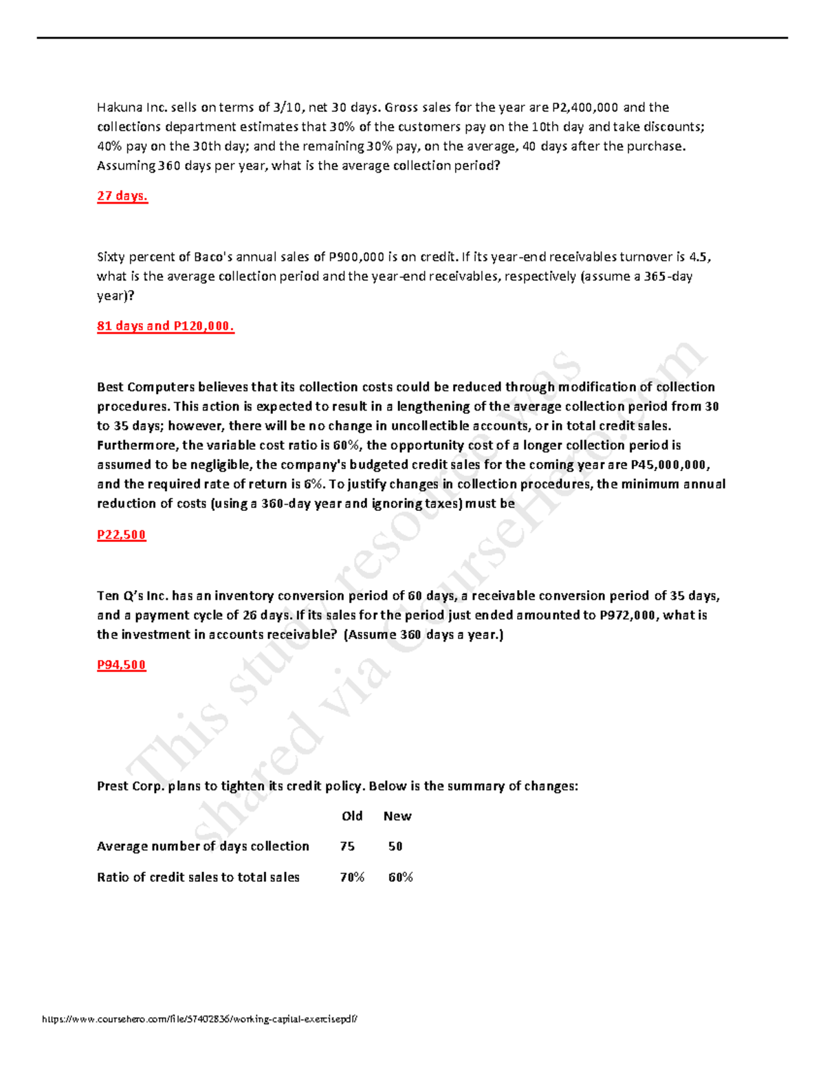 Pdfcoffee - Working capital exercises - Hakuna Inc. sells on terms of 3 ...