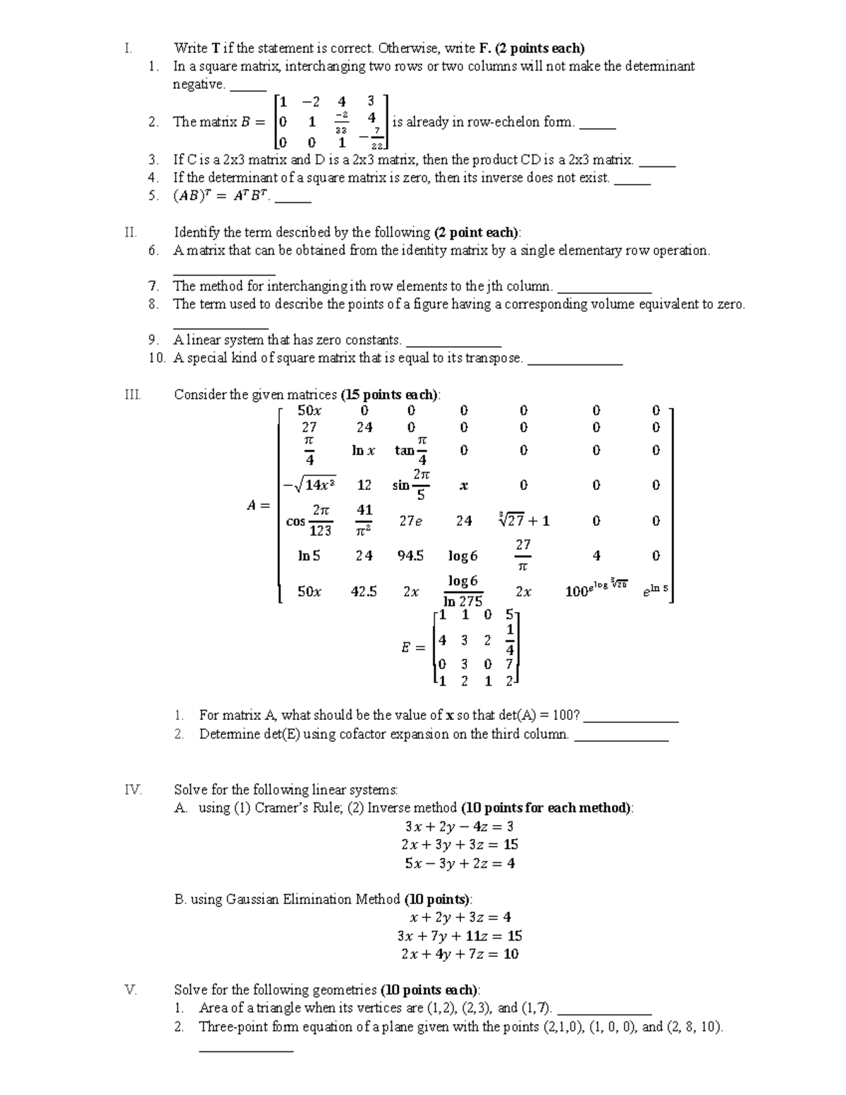 QUIZ CO1 Questionnaire 5 - I. Write T if the statement is correct. Otherwise, write F. (2 points ...