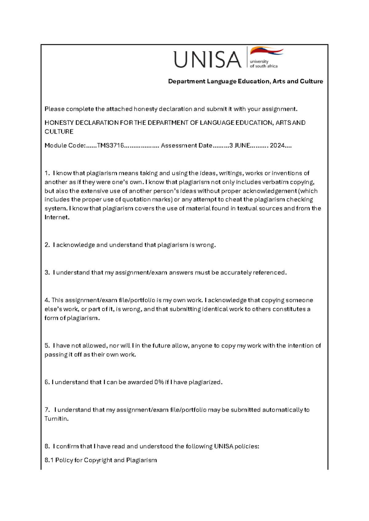 TMS3716 Assignment 02 - Department Language Education, Arts and Culture ...