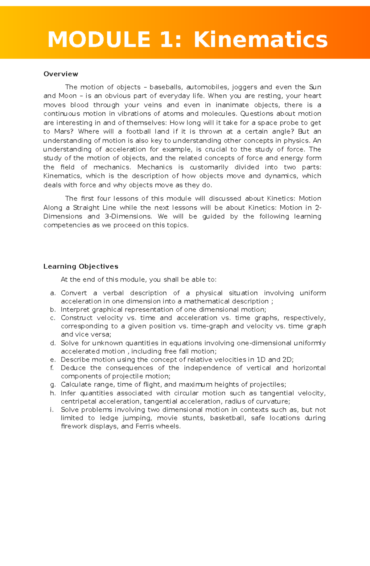 Module 1 - ####### SU Overview The motion of objects – baseballs ...