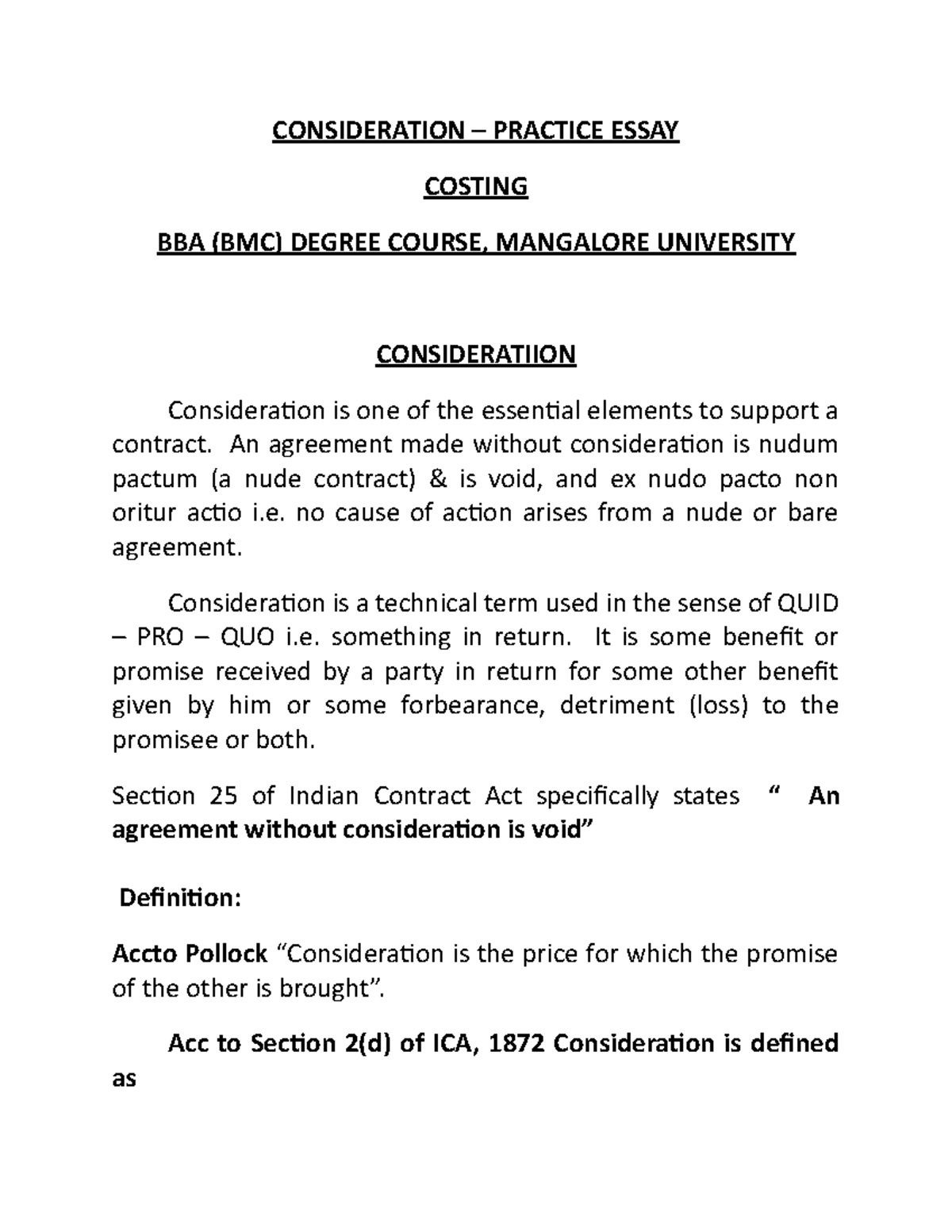 Consideration - CONSIDERATION – PRACTICE ESSAY COSTING BBA (BMC) DEGREE ...