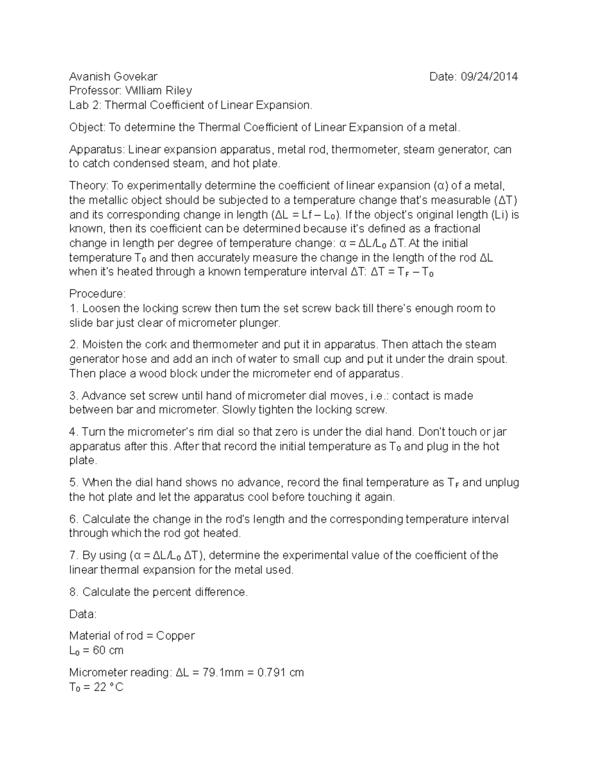 Lab 2 - Thermal Coefficient of Linear Expansion. - Date: 09/24/2014 ...