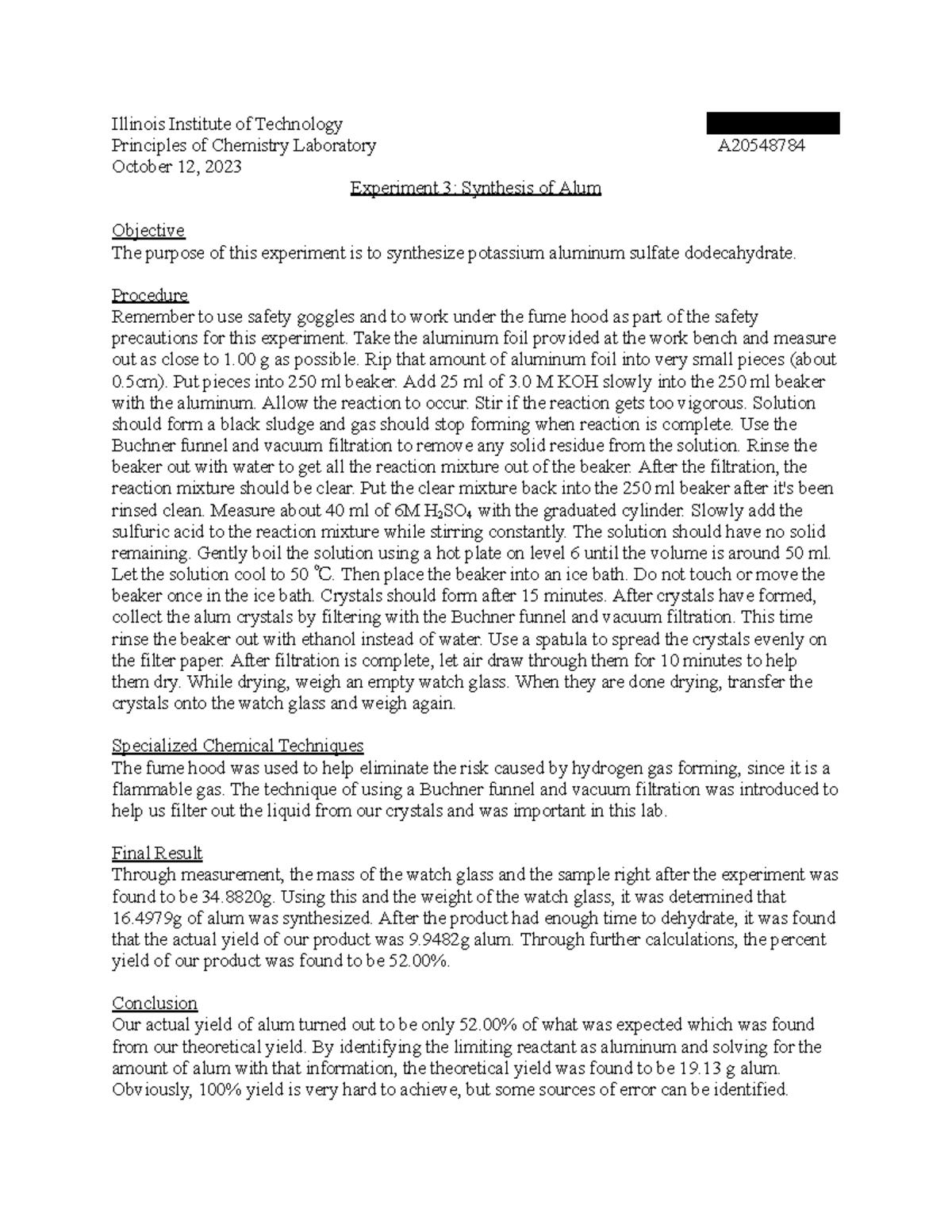 Lab 03 - Chem 124 - lab 3: synthesis of alum - Illinois Institute of ...