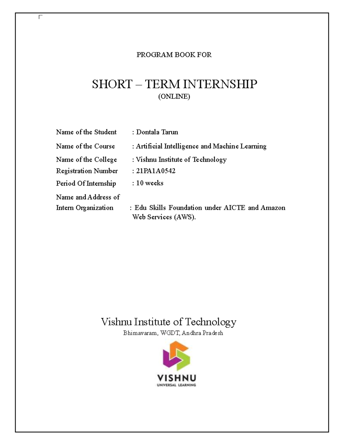 Internship Aiml - PROGRAM BOOK FOR SHORT – TERM INTERNSHIP (ONLINE ...