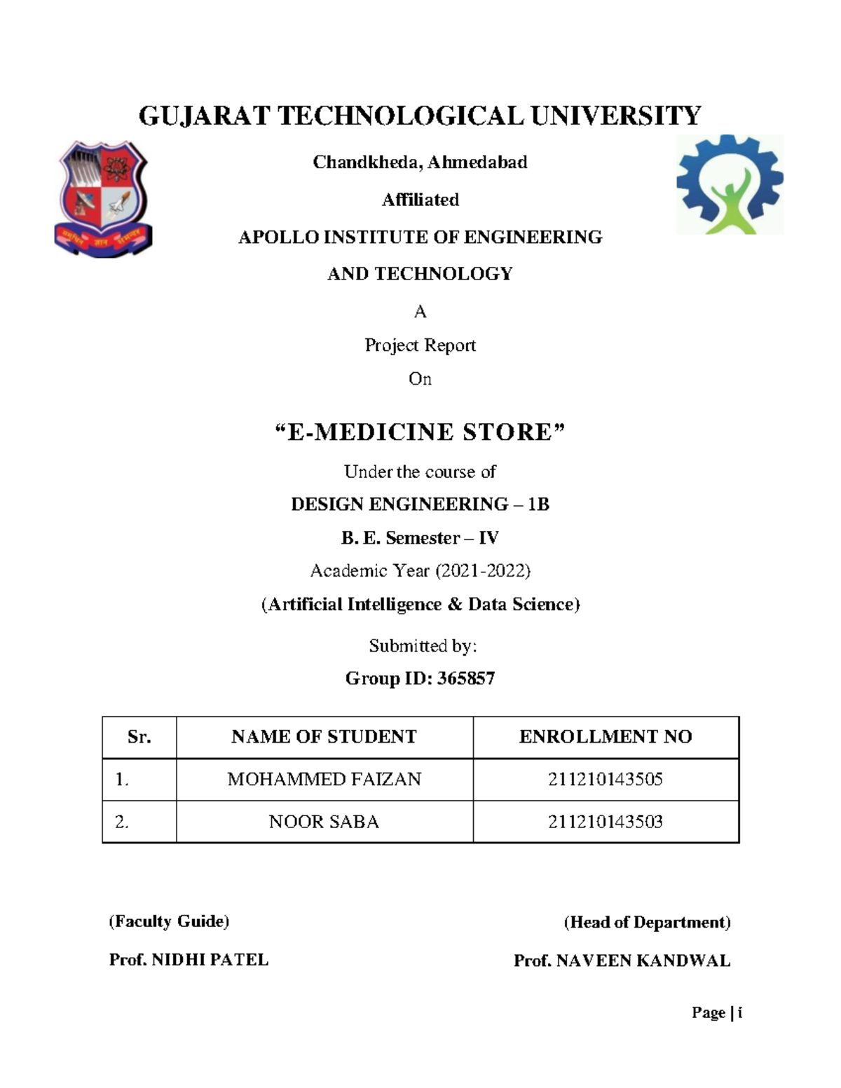 DE File 001 - Front page - Page | i GUJARAT TECHNOLOGICAL UNIVERSITY ...