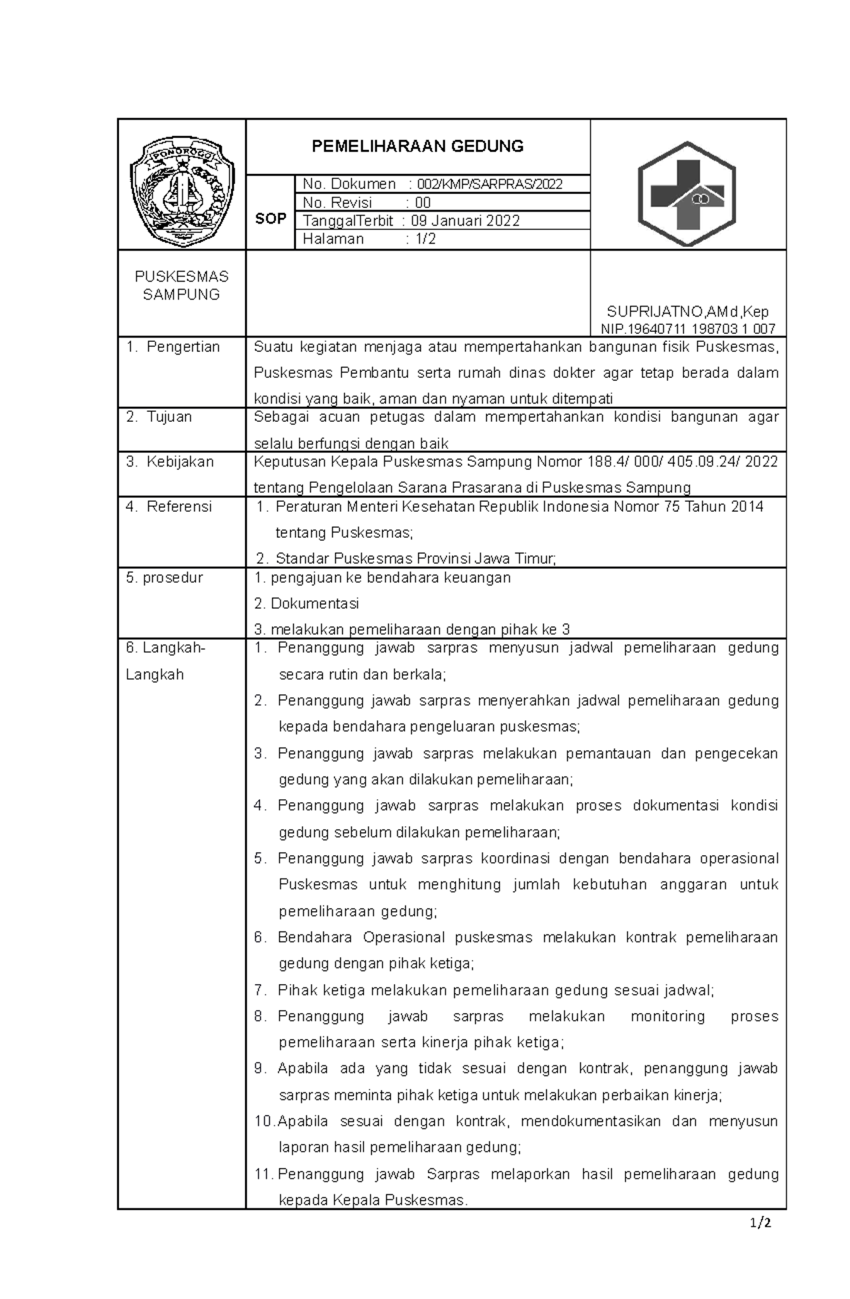 2. SOP Pemeliharaan Gedung - PEMELIHARAAN GEDUNG SOP No. Dokumen : 002 ...