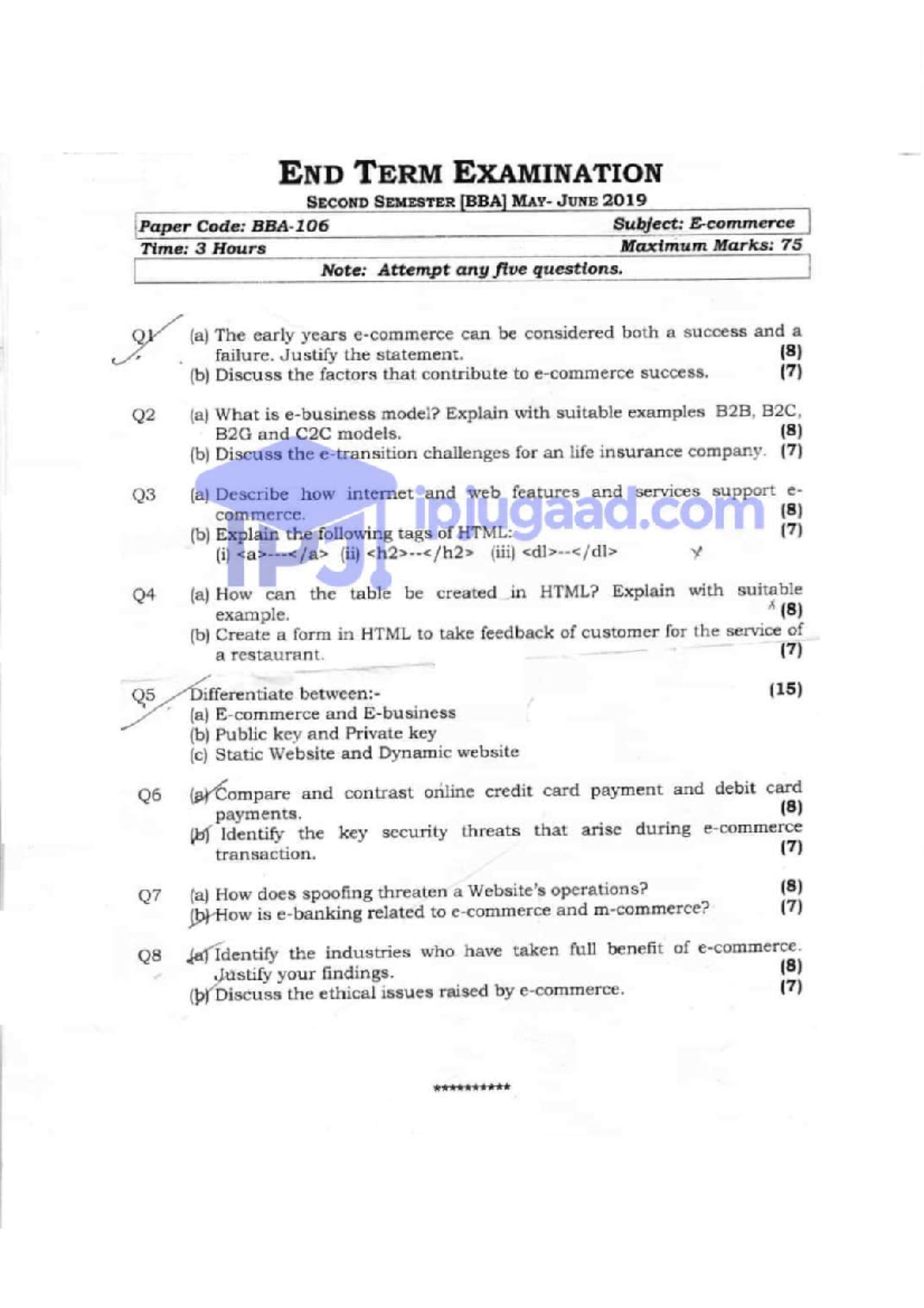 E.com 2019 - paper - END TERM EXAMINATION SECOND SEMESTER JUNE 2019 Paper Code: Subject: Time: 3 ...