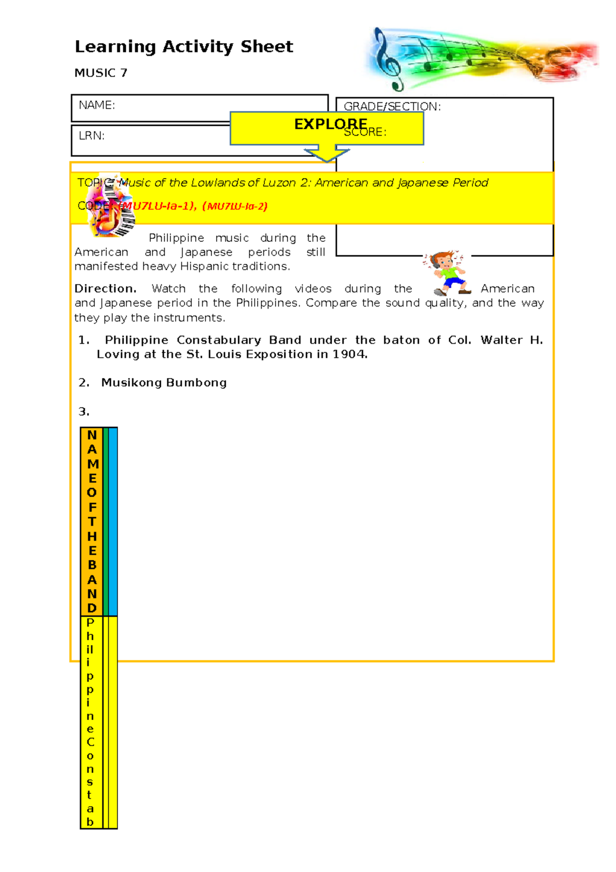 7-LAS D5- Music-W1-Q1 - LAS - Learning Activity Sheet MUSIC 7 Philippine music during the ...
