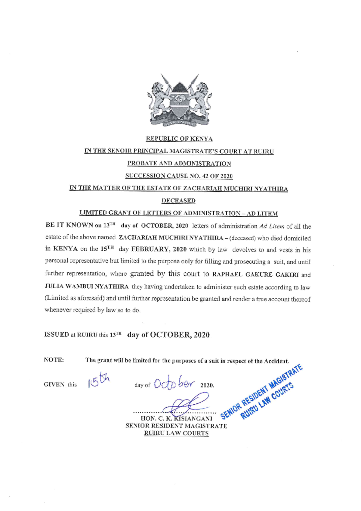 Succ42 - Law of succession - REPUBLIC OF KENYA IN THE SENOIR PRINCIPAL ...