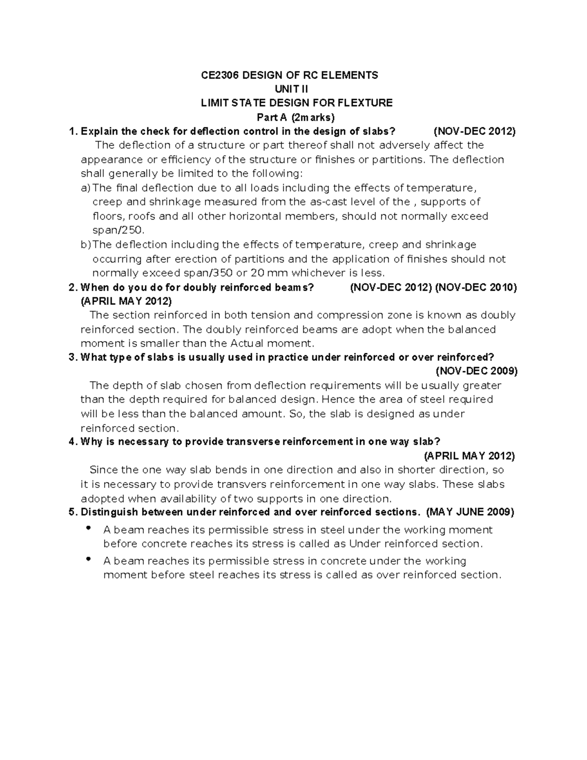 Unit 2 qb w ans - CE2306 DESIGN OF RC ELEMENTS UNIT II LIMIT STATE ...