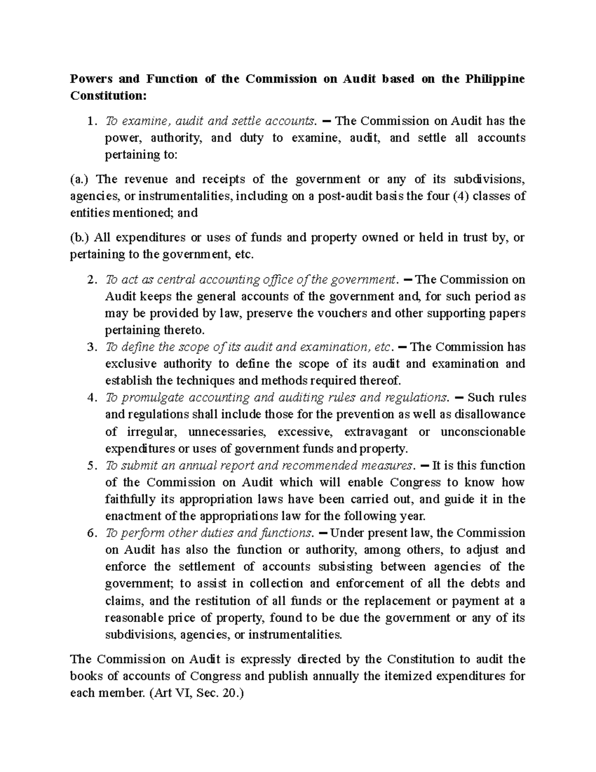 Primary Function of COA - Powers and Function of the Commission on ...