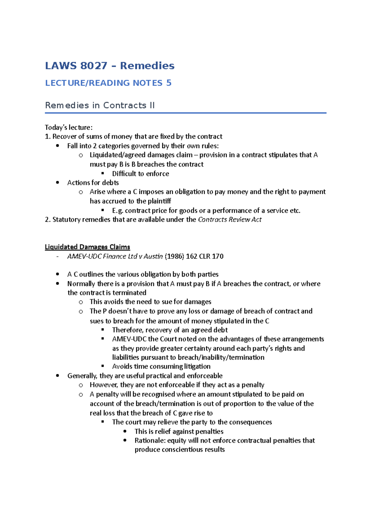 Lecture 5 Remedies In Contracts Ii Laws 8027 Remedies Lecturereading Notes 5 Remedies In