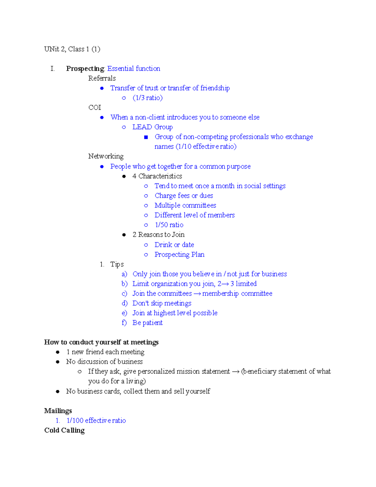 Unit 2 Guide - UNit 2, Class 1 (1) I. Prospecting: Essential function ...