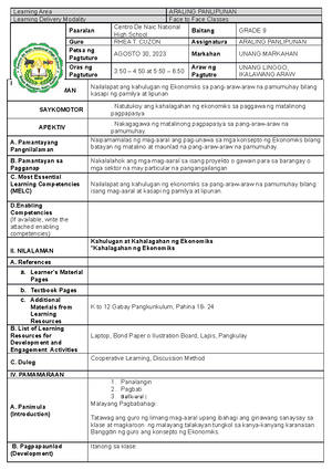 AP9 Q1 W2 D3 - lesson plan - Learning Area ARALING PANLIPUNAN Learning ...