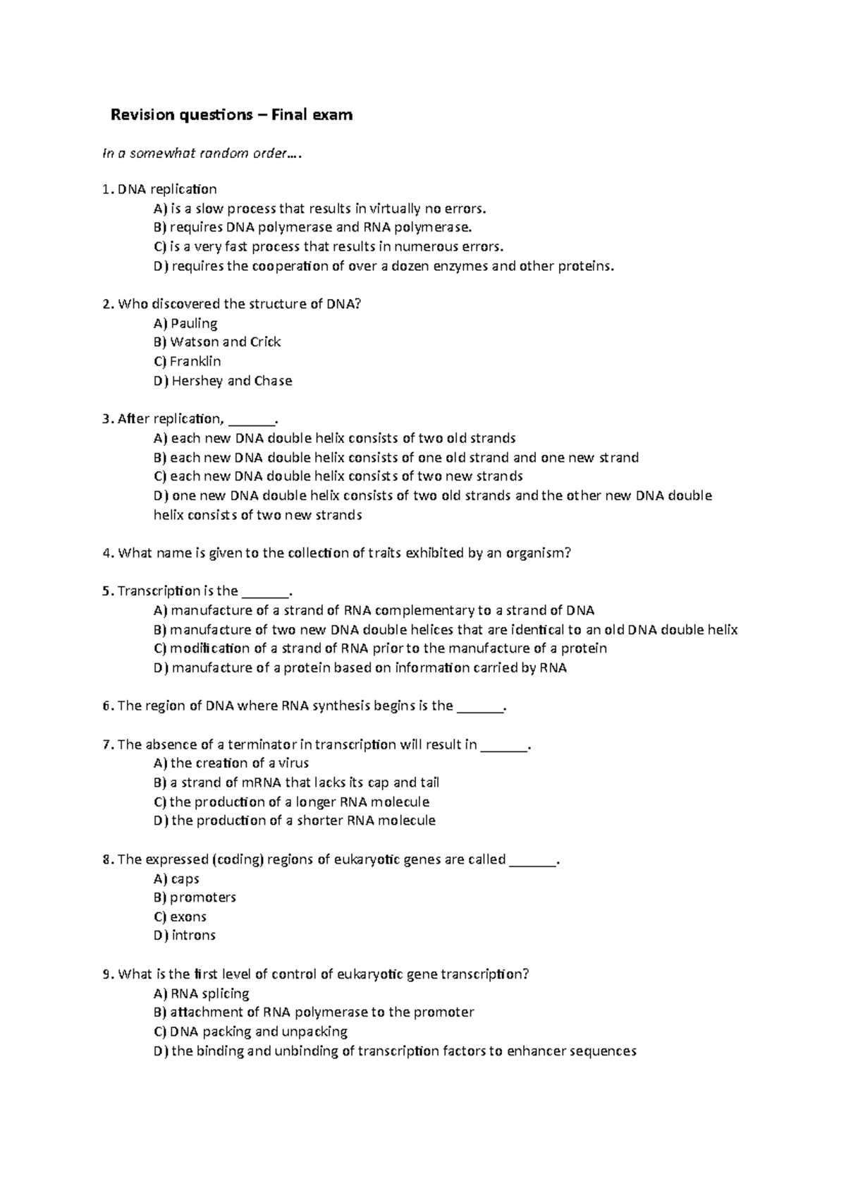 Revision questions - final assessment - Revision questions – Final exam ...