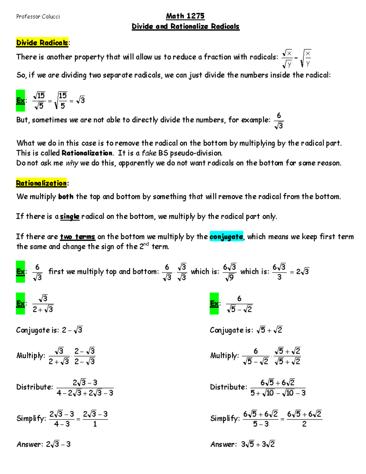 MA1275-Lesson 13 (Radicals Divide) - Professor Colucci Math 1275 Divide ...