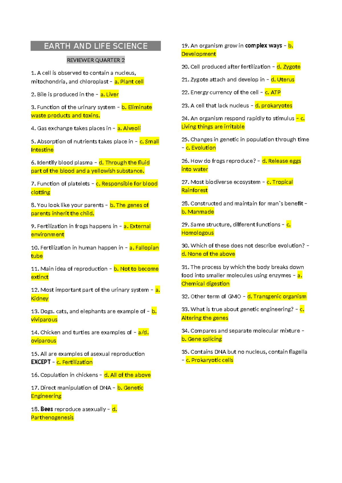 Earth AND LIFE Science q2 reviewer - EARTH AND LIFE SCIENCE REVIEWER ...