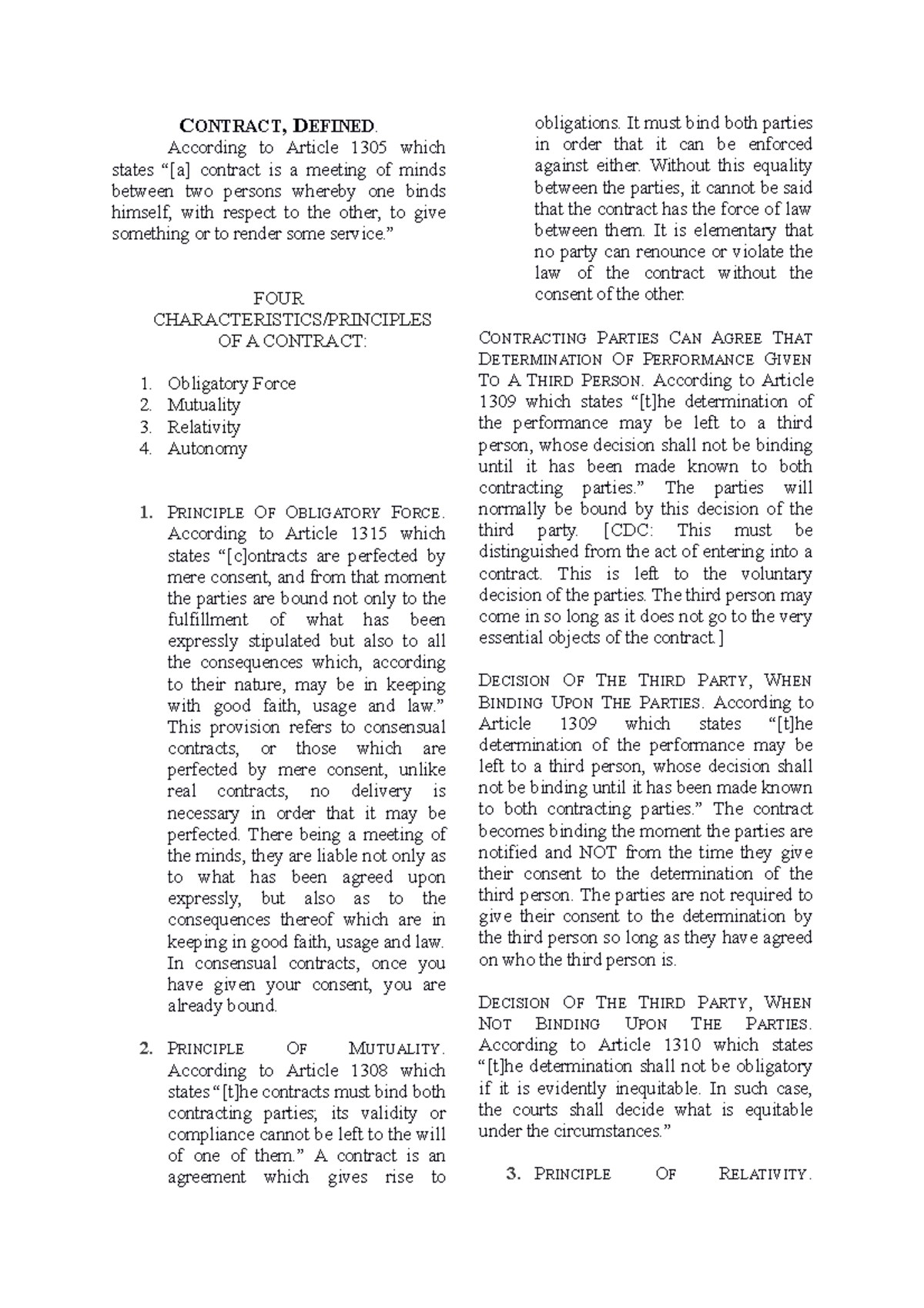 Contracts - Notes - CONTRACT, DEFINED. According to Article 1305 which ...
