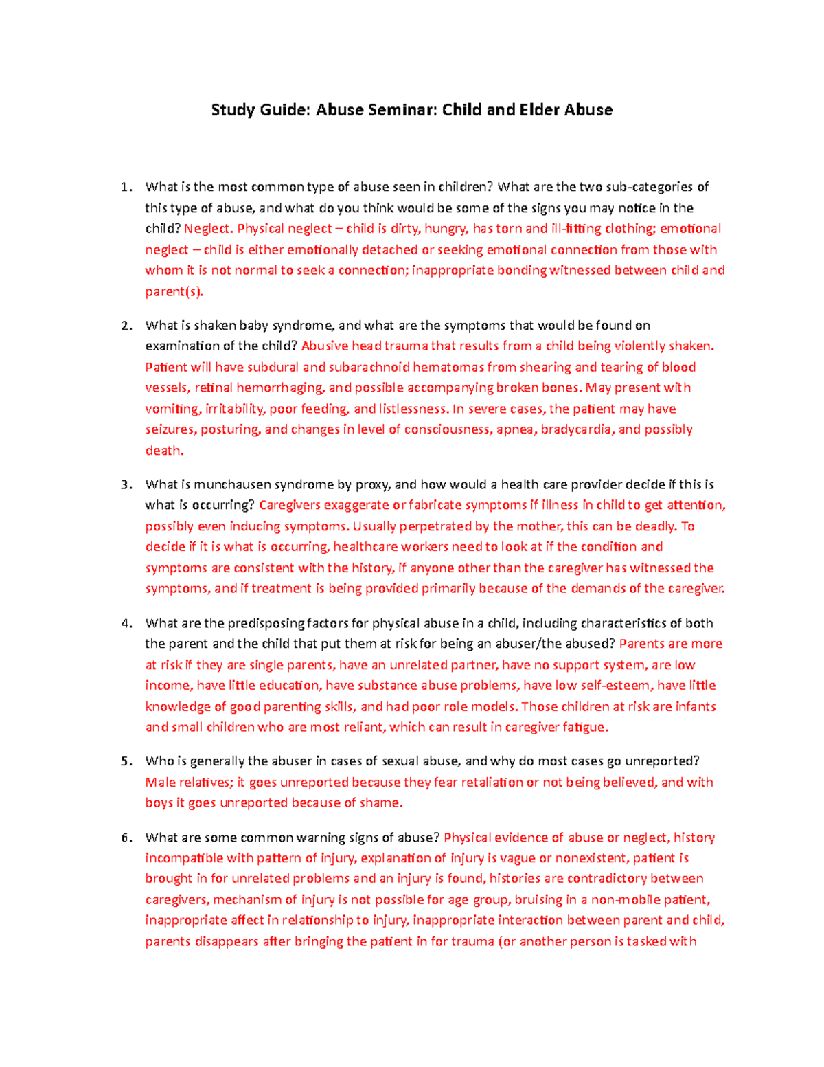 Abuse study guide KEY(1) (1) (4) - Study Guide: Abuse Seminar: Child ...