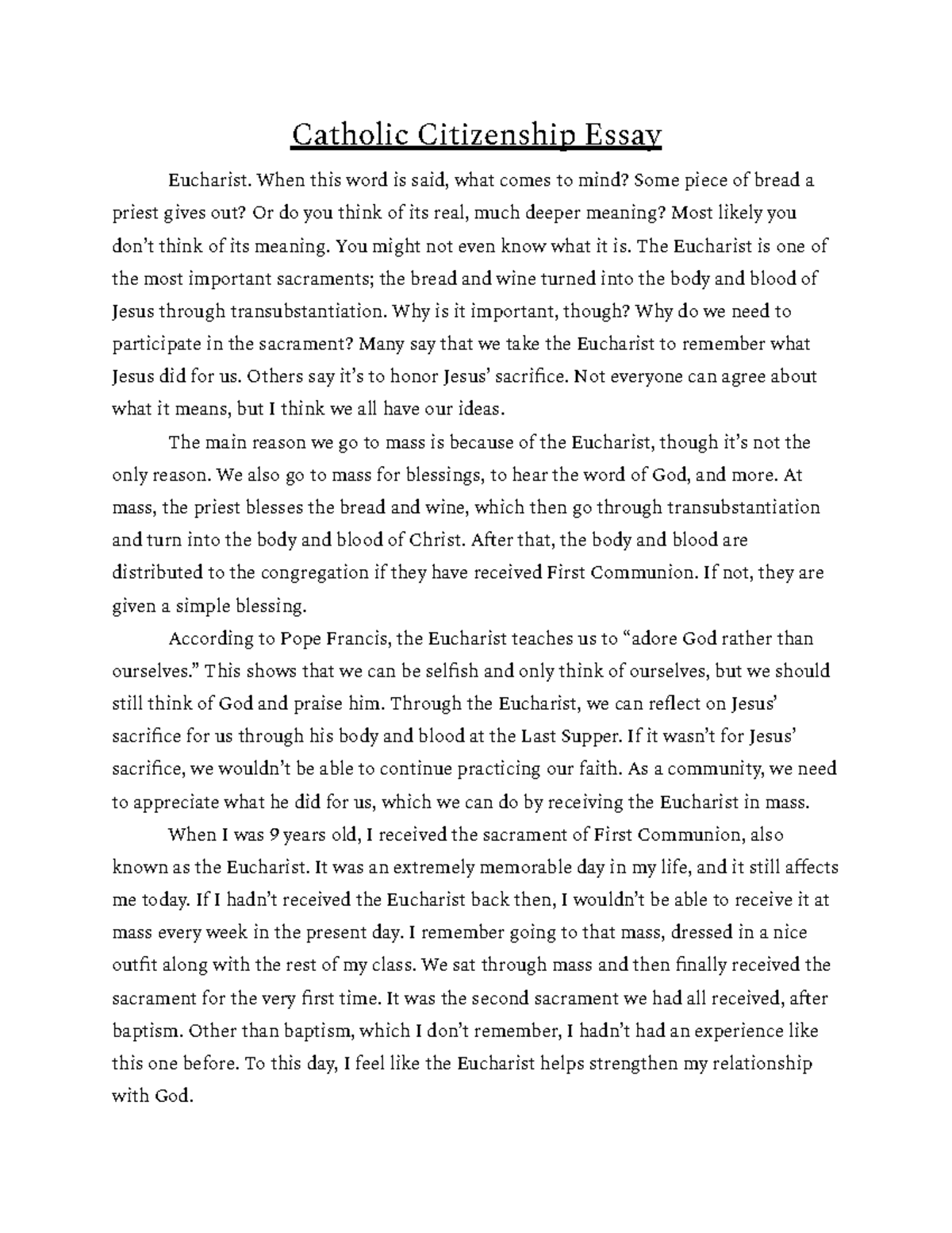 Catholic Citizenship Essay - Catholic Citizenship Essay Eucharist. When ...
