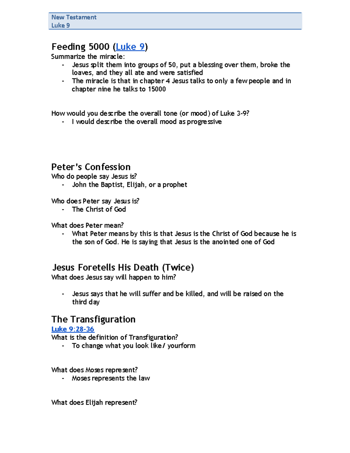 Transfiguration Handout - New Testament Luke 9 Feeding 5000 (Luke 9 ...
