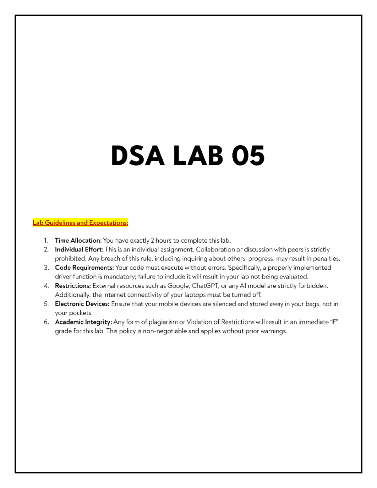 Data Structure and Algorithms Lab 05 - DSA LAB 05 Lab Guidelines and Expectations: 1. Time - Studocu