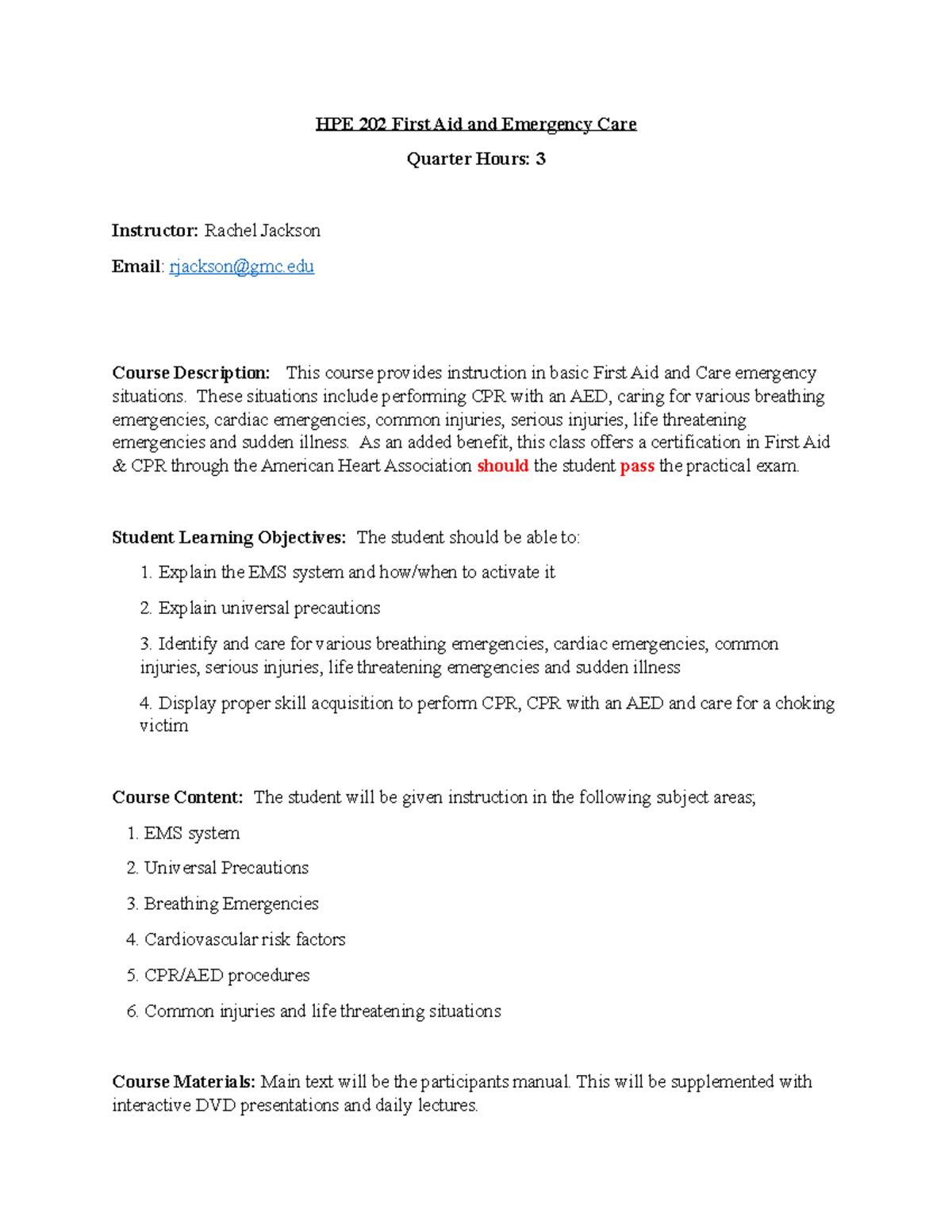 HPE 202 First Aid and Emergency Care Syllabus (11.15.20) - HPE 202 ...