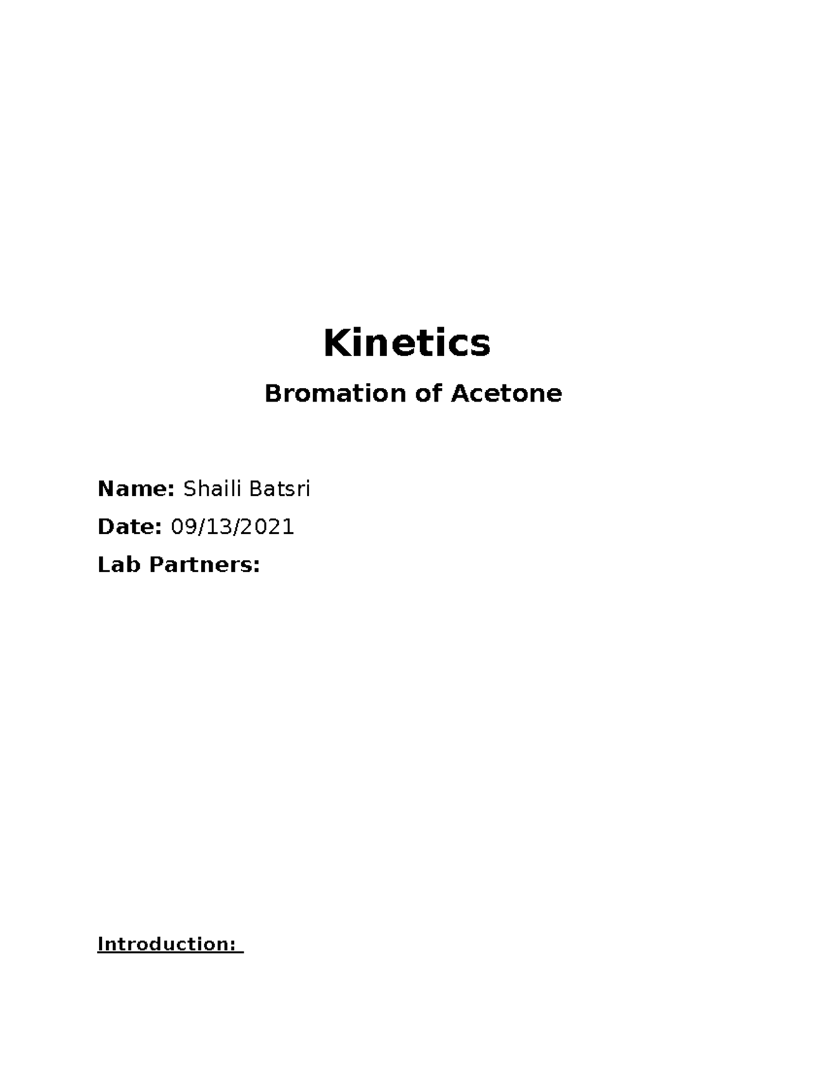 Kinetics - Bromation of Acetone - Kinetics Bromation of Acetone Name ...