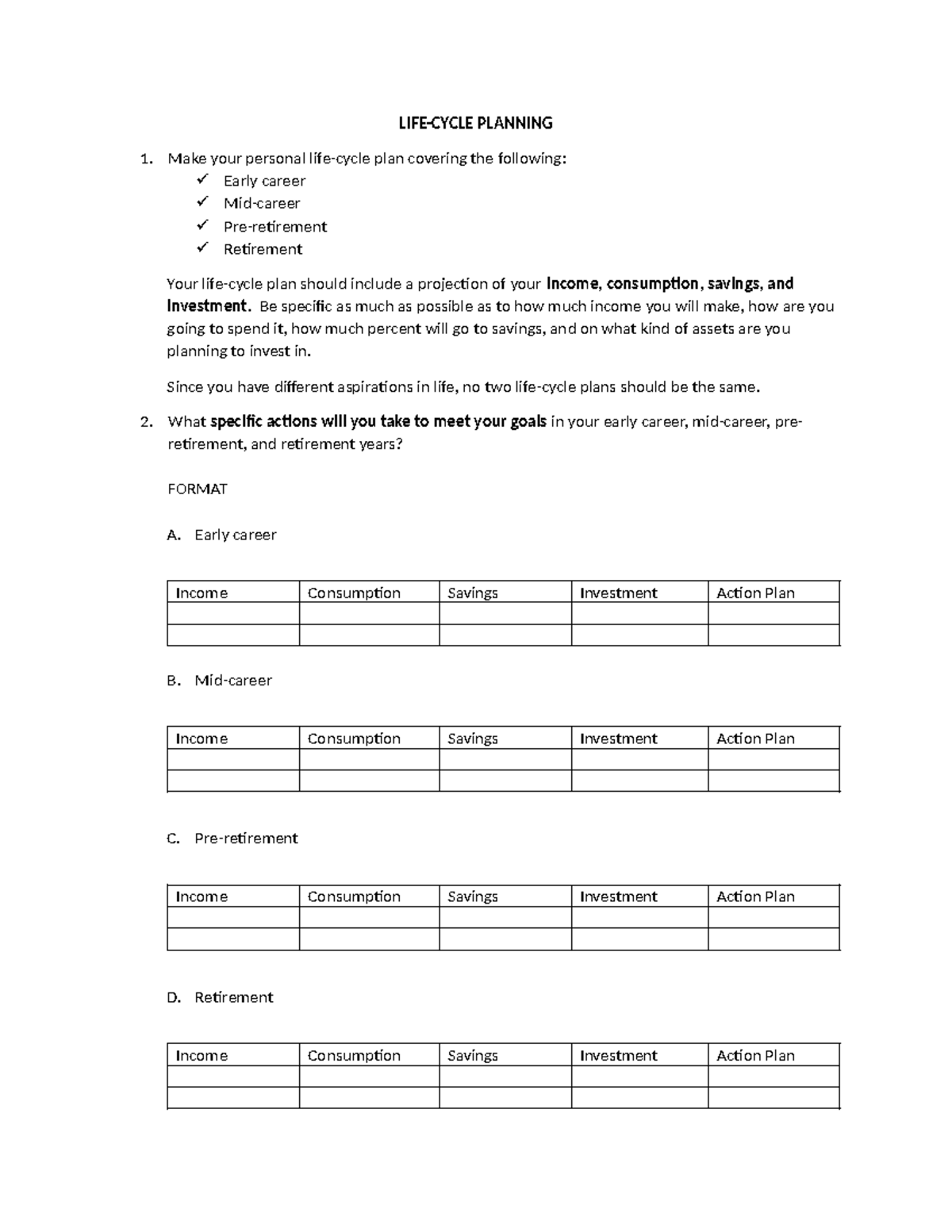 Activity on Life Cycle Planning - LIFE-CYCLE PLANNING Make your ...