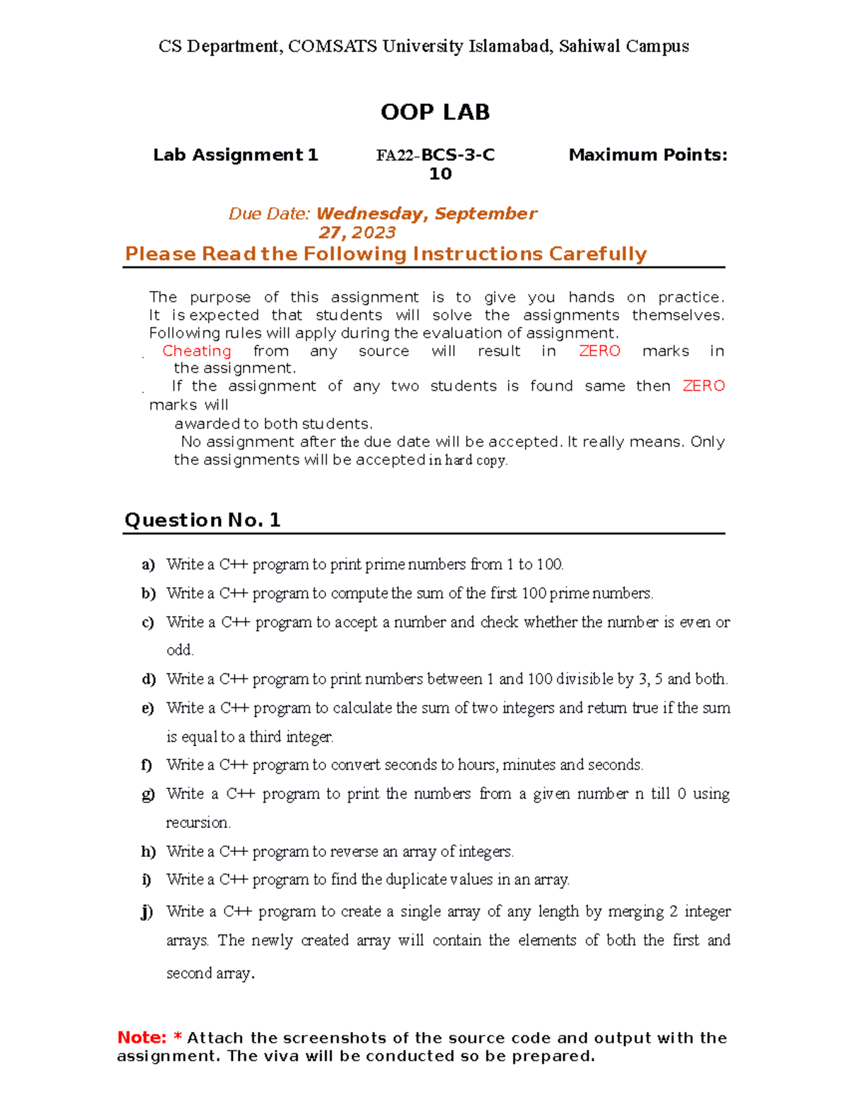 Assignment No. 1 (C) - Just question reference - OOP LAB Lab Assignment 1 FA22-BCS-3-C Maximum ...