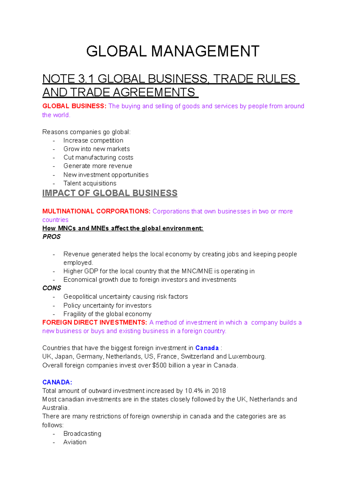 Lesson 3 Global Management - GLOBAL MANAGEMENT NOTE 3 GLOBAL BUSINESS ...
