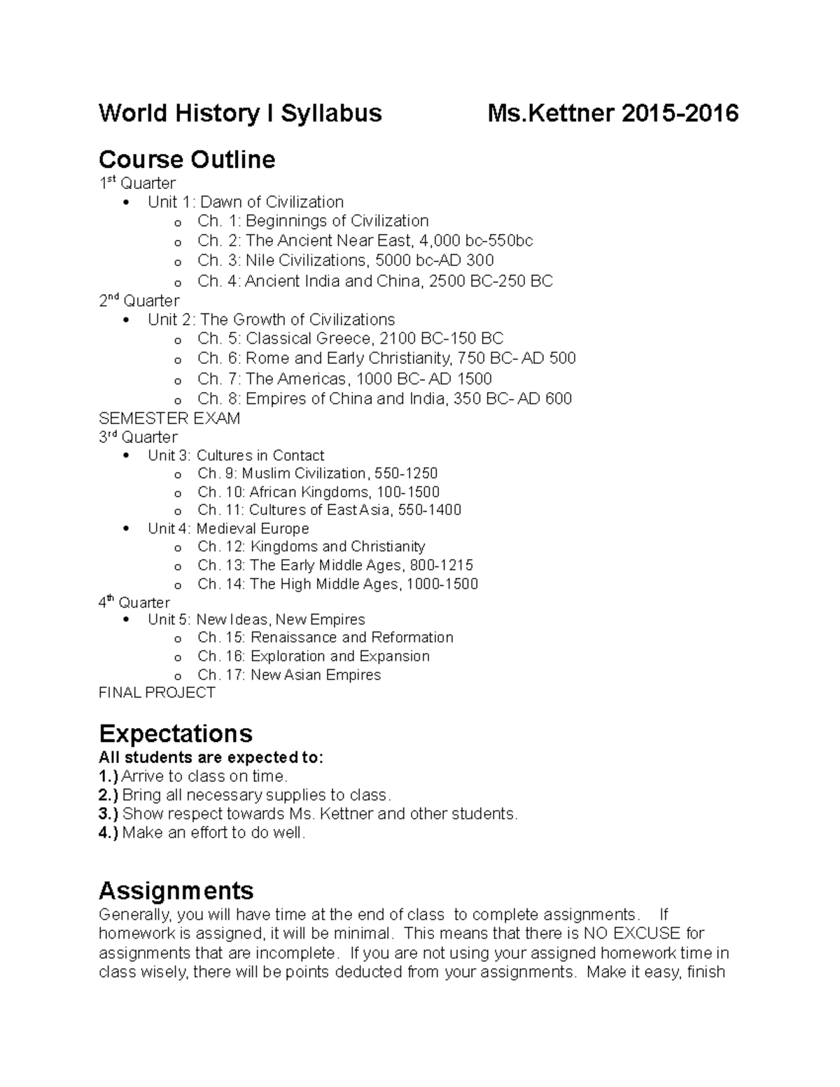 Syllabus for World History 1 (Rise of Early Civilization to European ...