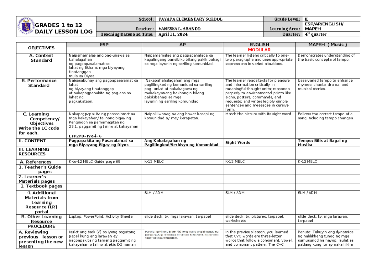 April 11 - GRADES 1 to 12 DAILY LESSON LOG School: PAYAPA ELEMENTARY ...