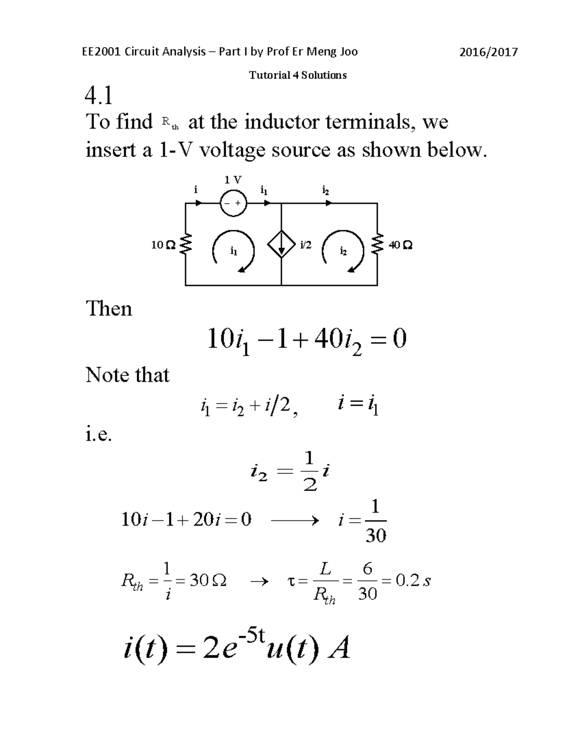 EE2001 EMJ 2016 17 T4 Solutions[ 1437] - EE2001 Circuit Analysis – Part I by Prof Er Meng Joo ...
