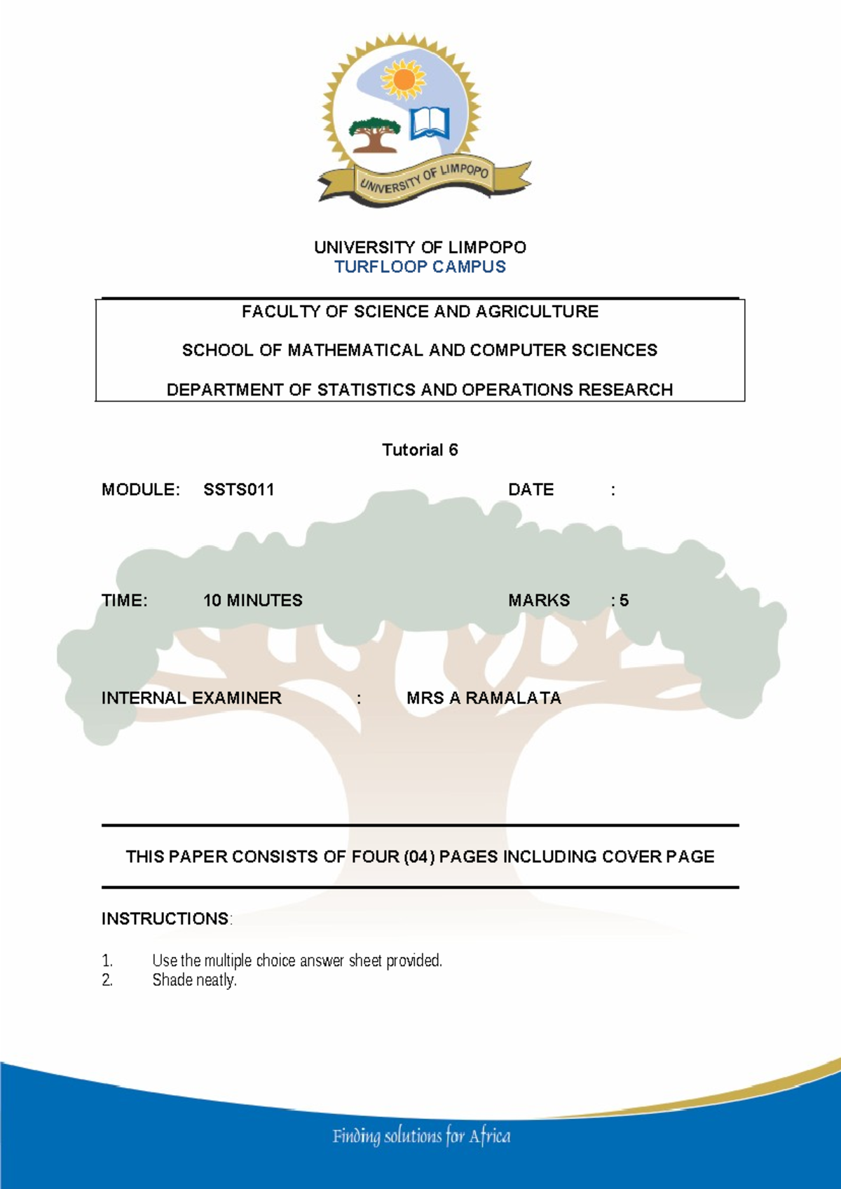 Tutorial 6 - dfrh - UNIVERSITY OF LIMPOPO TURFLOOP CAMPUS FACULTY OF ...